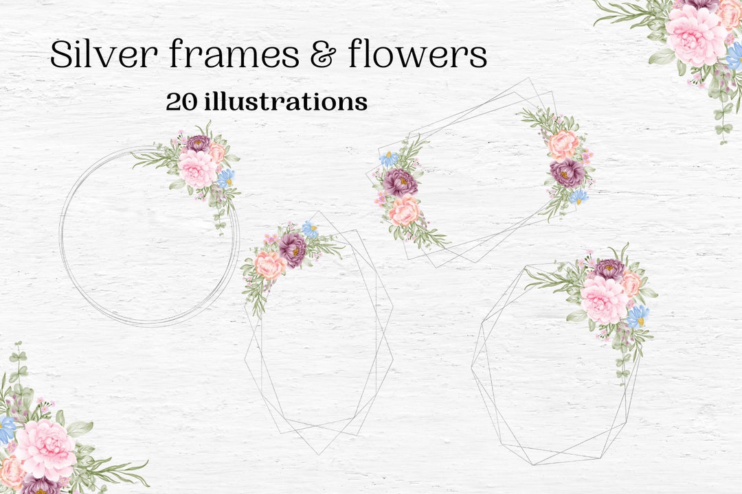 Silver Geometric Frames, Silver Wedding Frames, Frames With Watercolor ...