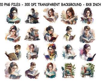 8 Booklover Clipart Reading Watercolor Clipart Bookworm - Etsy