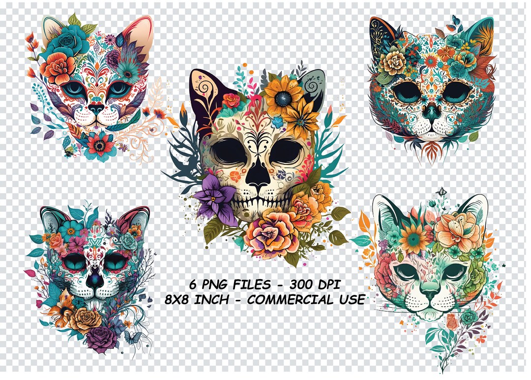 SUGAR SKULL CAT Png, Colorful Sugar Skull Cat Png, Day of the Dead ...
