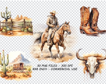 WATERCOLOR WESTERN CLIPART, Texas Cowboy Png Files, Transparent ...