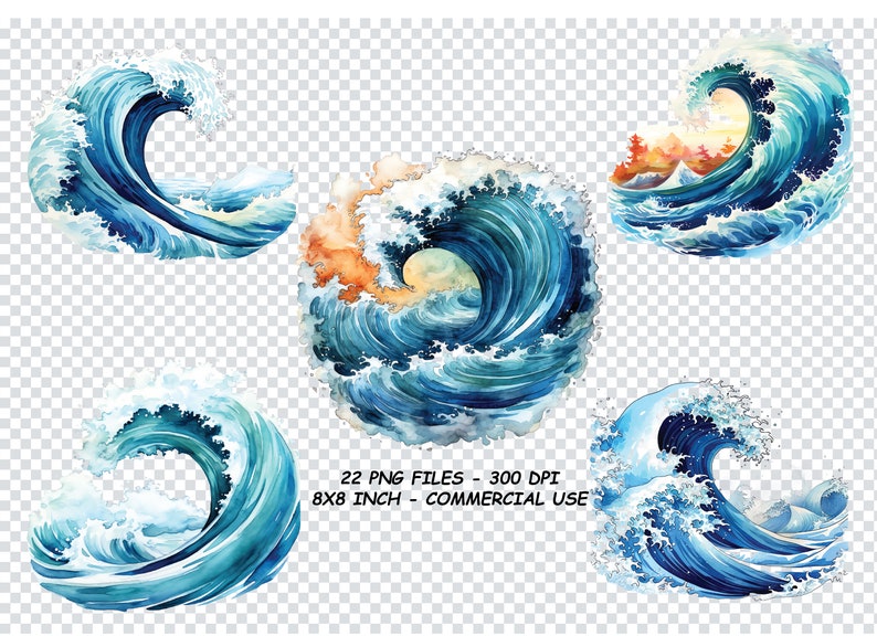 WATERCOLOR OCEAN WAVES Clipart, Watercolor Ocean Waves Png Files ...