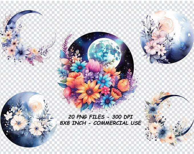 Watercolor Floral Moons Clipart Bundle, Floral Crescent Moons PNG ...