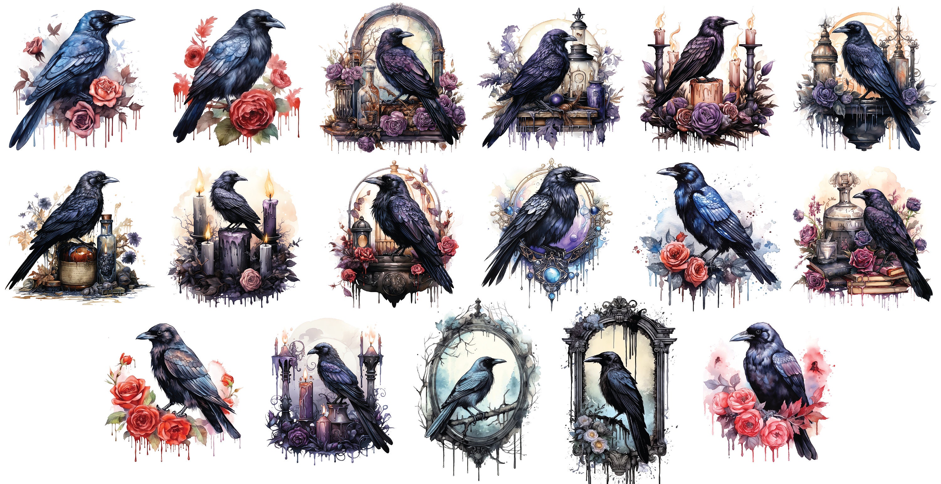 WATERCOLOR GOTHIC RAVENS Clipart, Watercolor Gothic Ravens Clipart Png ...