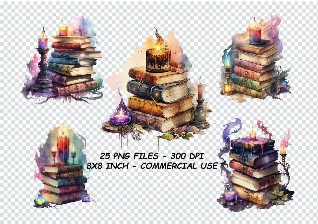 MAGIC BOOKS WATERCOLOR Clipart, Books With Candle Watercolor Png, Magic ...