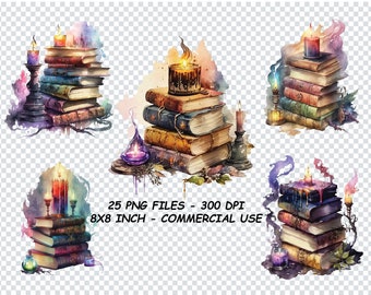 MAGIC BOOKS WATERCOLOR Clipart, Books With Candle Watercolor Png, Magic ...