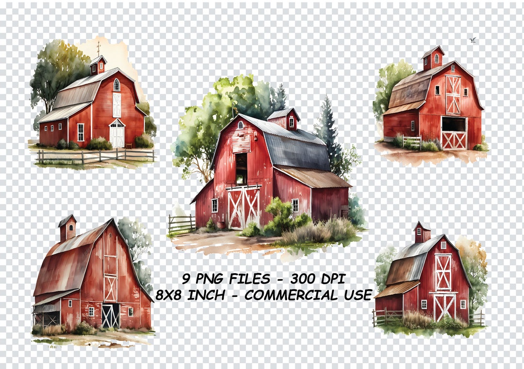 RED FARM BARN Watercolor Clipart, Farmhouse Watercolor Png, Farmers ...