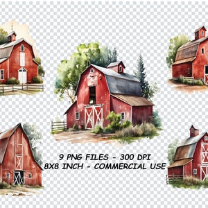 RED FARM BARN Watercolor Clipart, Farmhouse Watercolor Png, Farmers ...