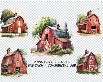 RED FARM BARN Watercolor Clipart, Farmhouse Watercolor Png, Farmers ...