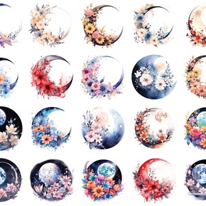 WATERCOLOR FLORAL MOONS Clipart, Watercolor Floral Moons Png Files ...