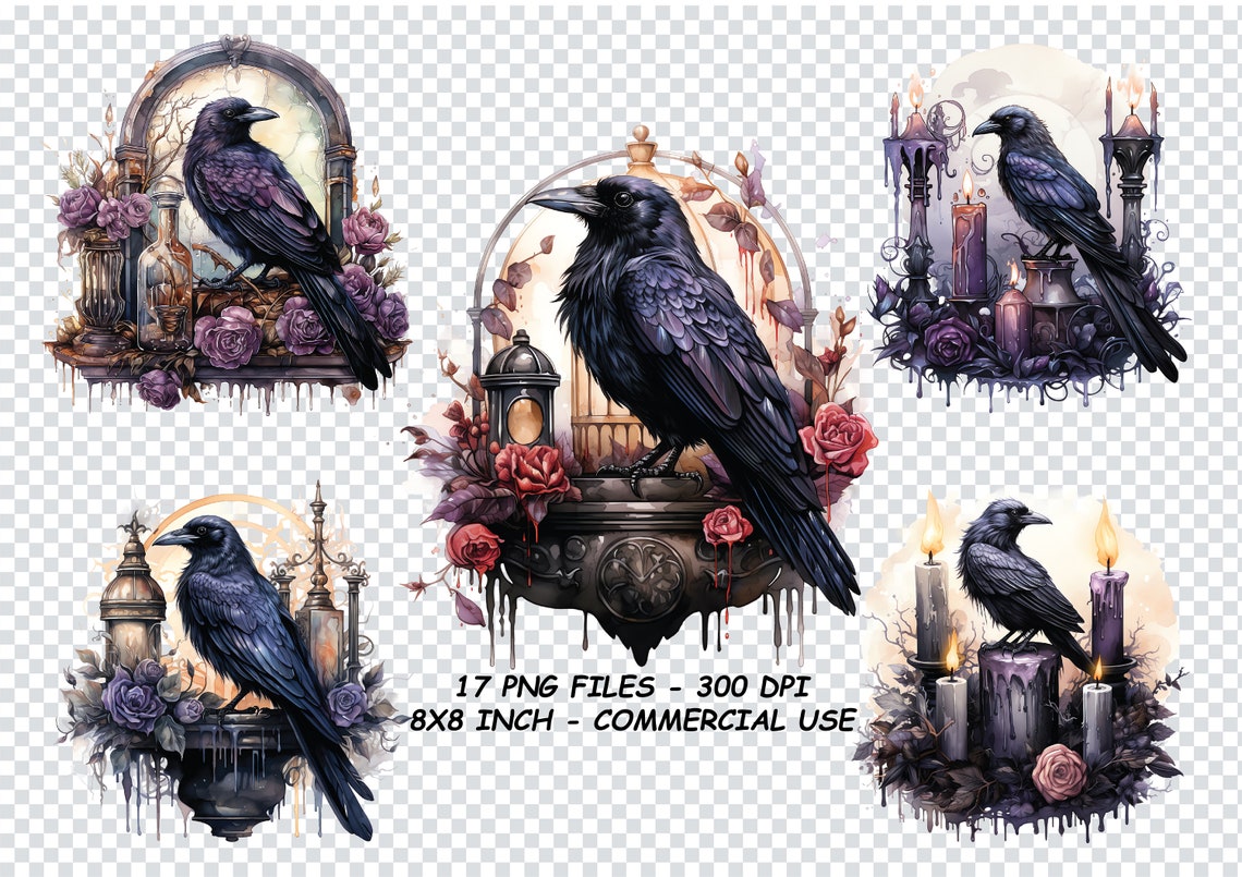 WATERCOLOR GOTHIC RAVENS Clipart, Watercolor Gothic Ravens Clipart Png ...