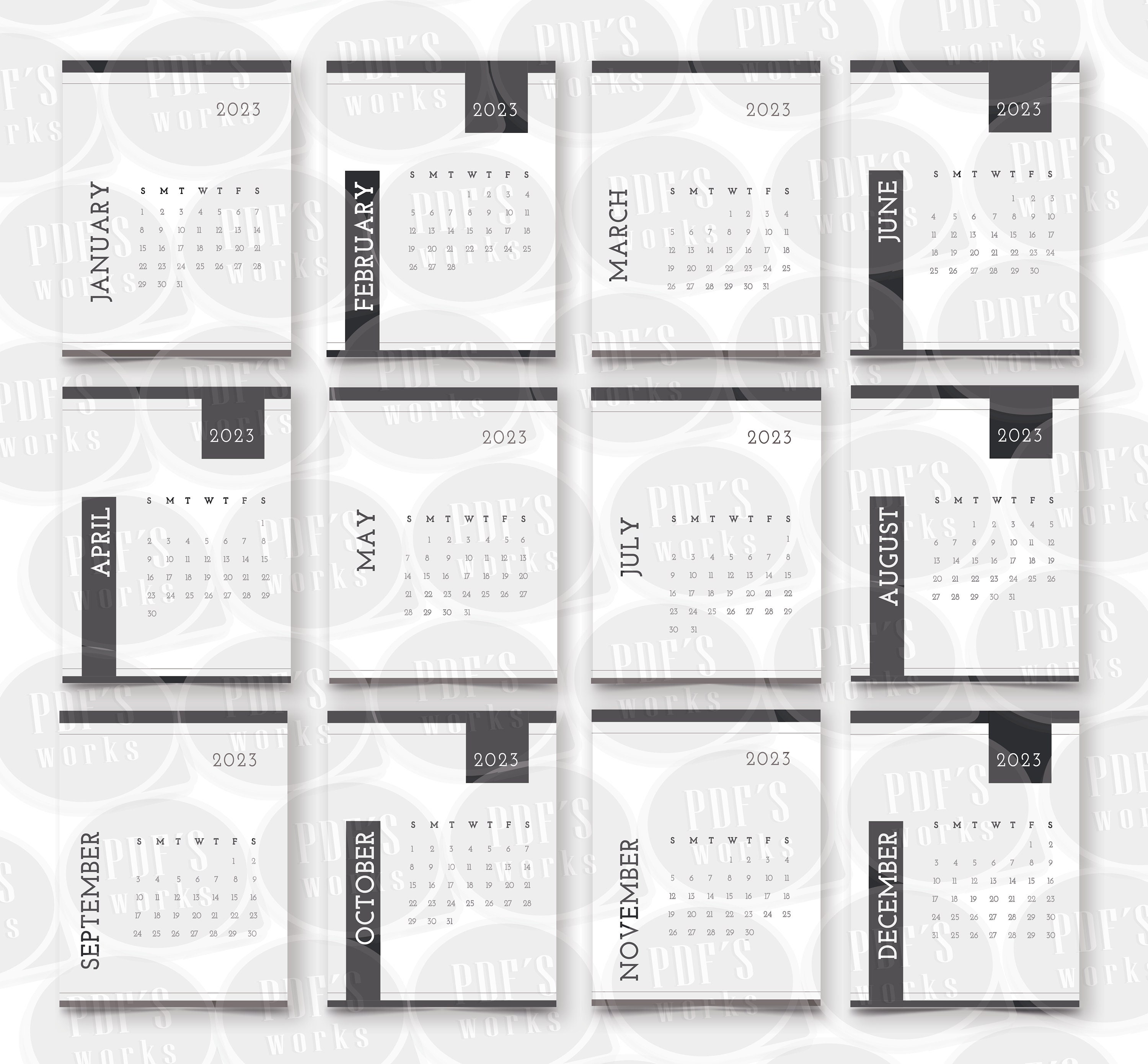 Black and White Monthly Calendar for 2023 in PDF Format for Printing or ...