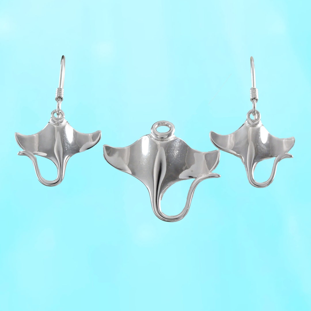 Hawaiian Manta Ray Necklace and Earring, Sterling Silver Manta Ray ...