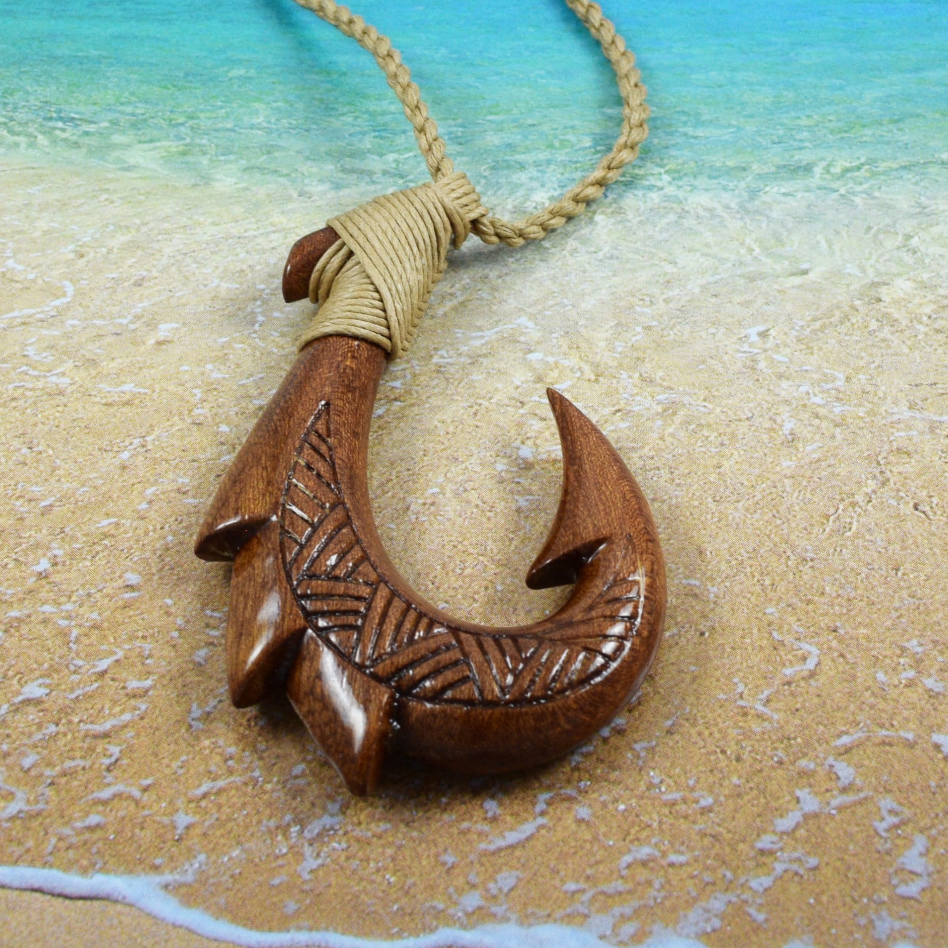 Hawaiian Large Genuine Koa Wood Fish Hook Necklace, Hand Carved Koa ...