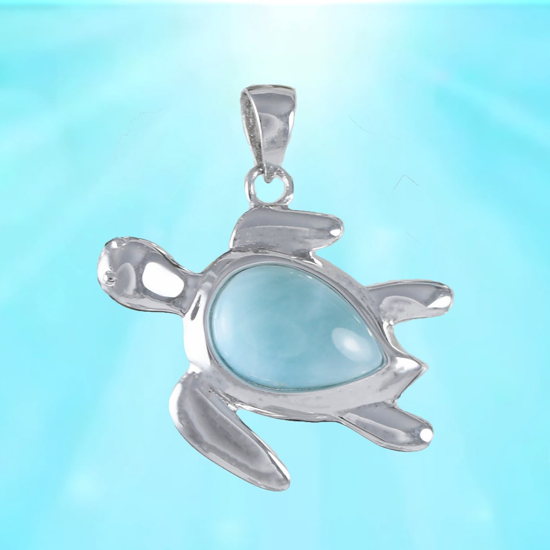 Hawaiian Genuine Larimar Sea Turtle Necklace, Sterling Silver Larimar ...