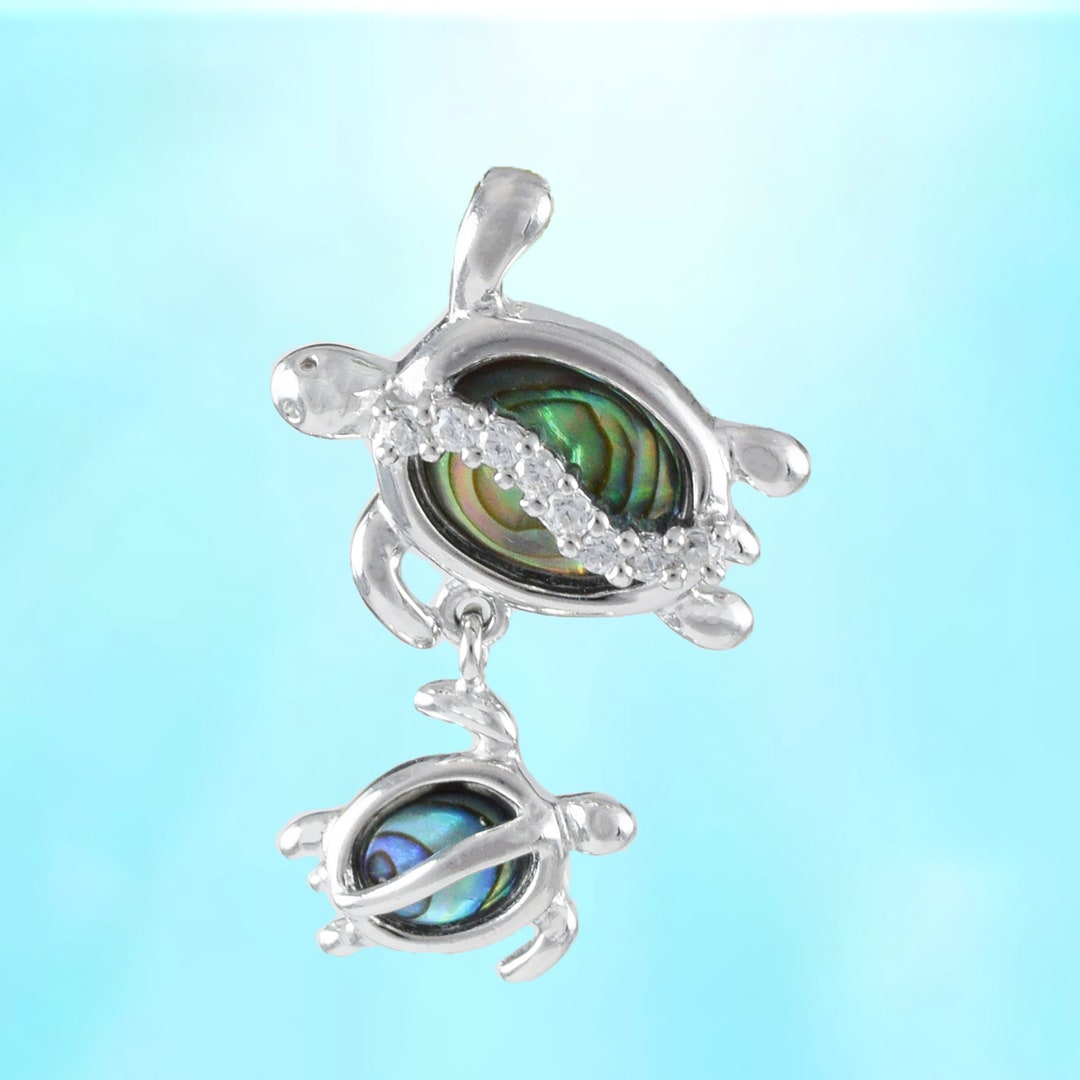 Hawaiian Genuine Paua Shell Mom & Small Sea Turtle Necklace, Sterling ...