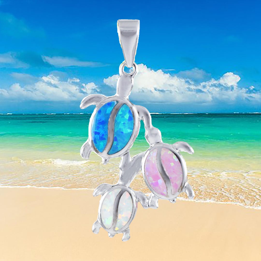 Sterling Silver Opal Sea Turtle Pendant: Hawaiian Mom & Little Turtles ...