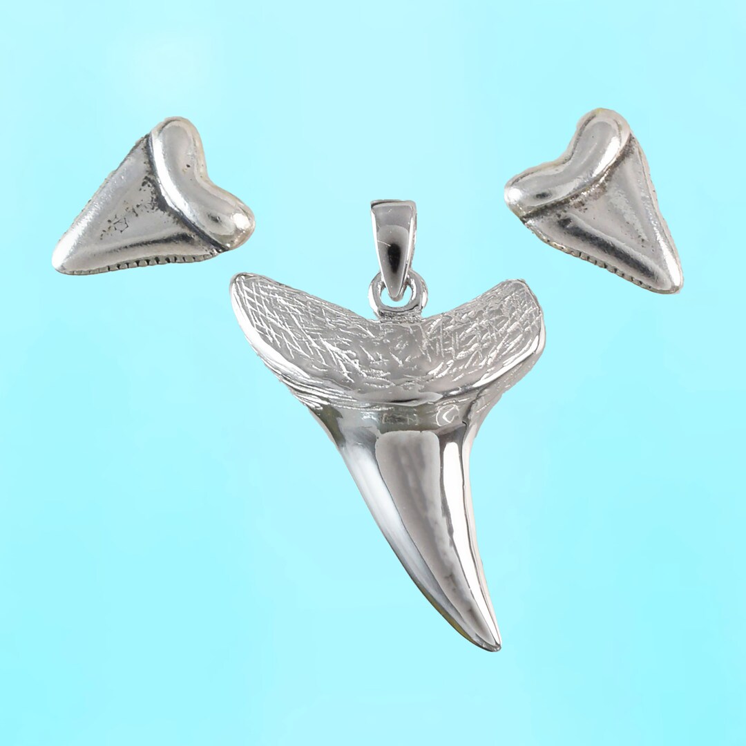 Sterling Silver Hawaiian Shark Tooth Necklace and Earring Set - Etsy