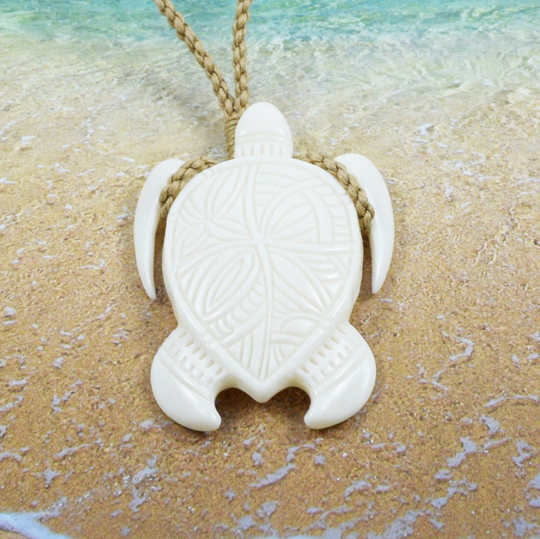 Hawaiian Sea Turtle Necklace, Hand Carved Buffalo Bone Flower Sea ...