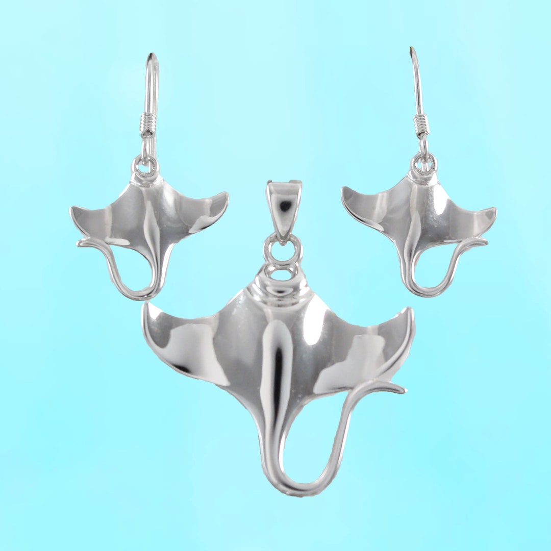 Hawaiian Manta Ray Necklace and Earrings, Sterling Silver Manta Ray ...