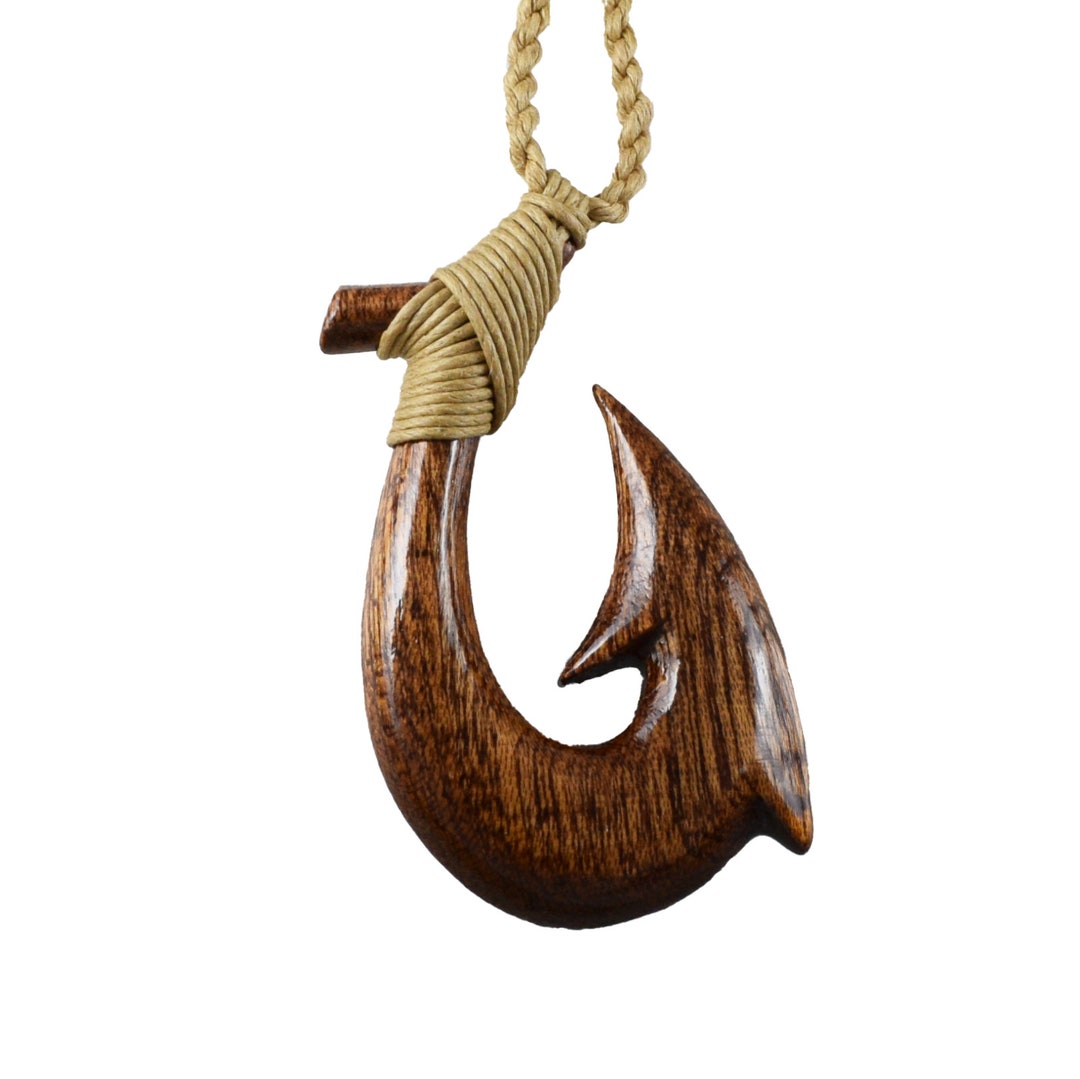 Hawaiian Large Genuine Koa Wood Fish Hook Necklace, Hand Carved Koa ...