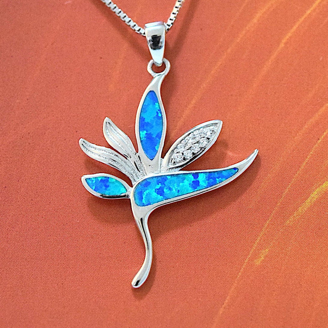 Sterling Silver Blue Opal Bird of Paradise Pendant Necklace - Etsy