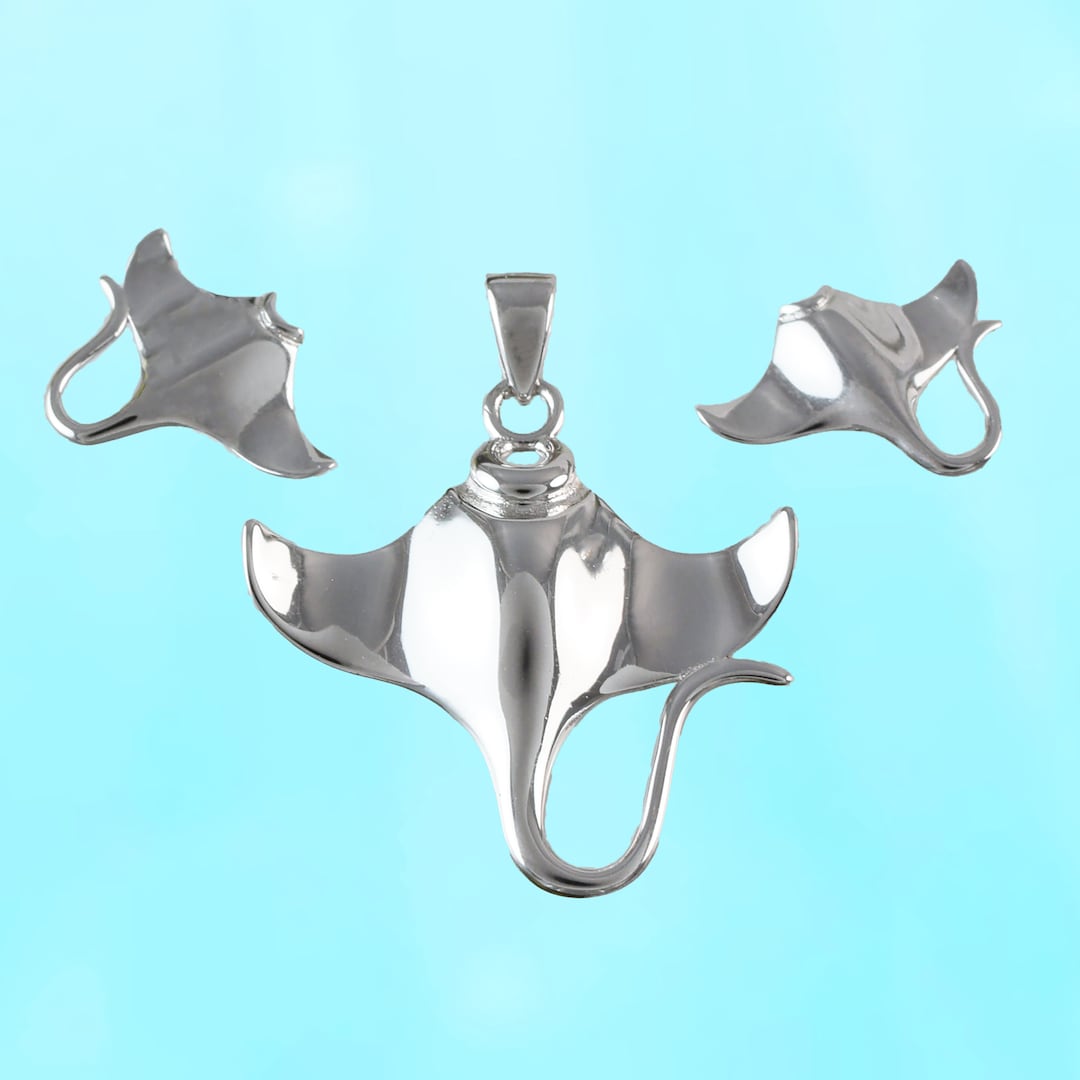 Hawaiian Manta Ray Necklace and Earring, Sterling Silver Manta Ray ...