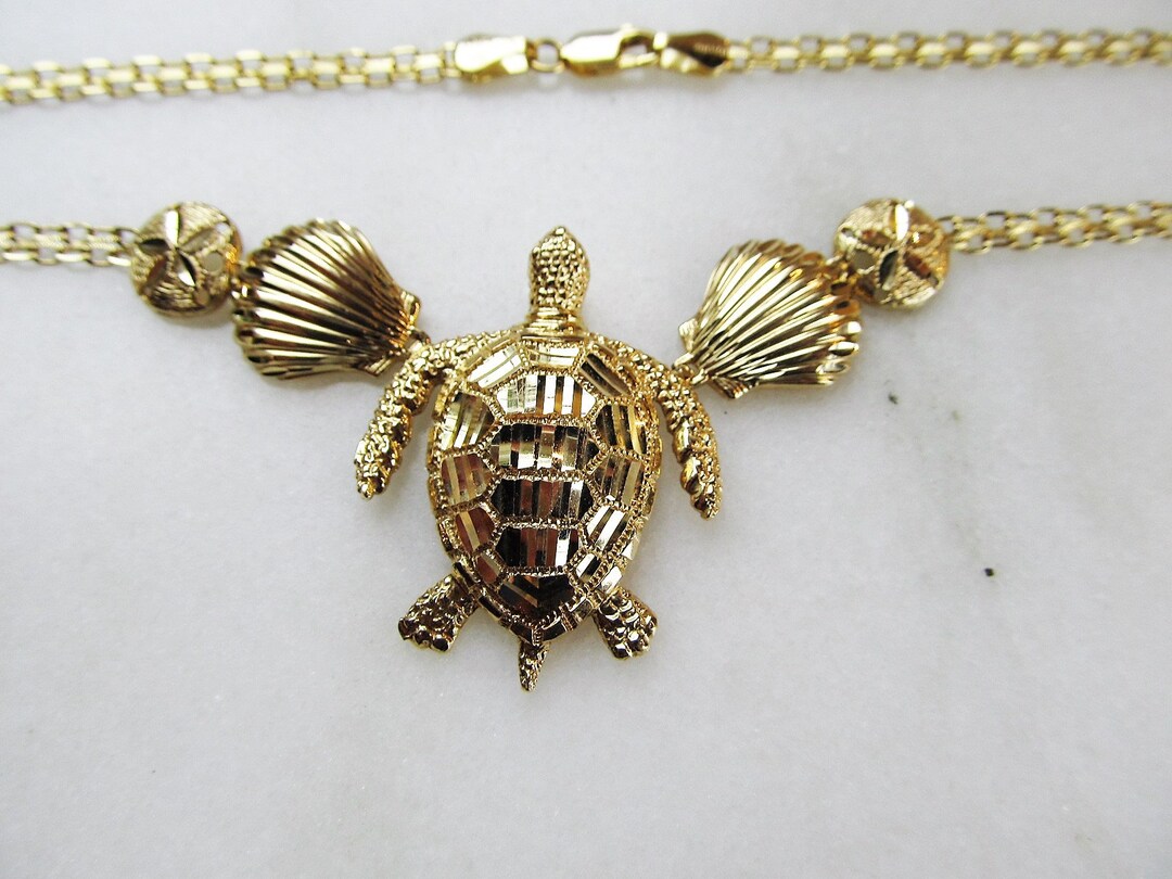 Vintage 14K Diamond Cut Sea Turtle & Seashell Yellow Gold - Etsy