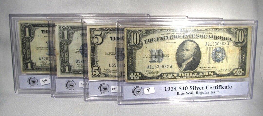 Vintage Certified US 1938-1934 Large Blue Seal 1, 5, 10 Dollar Currency ...