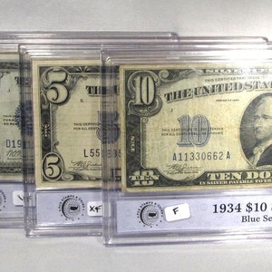 Vintage Certified US 1938-1934 Large Blue Seal 1, 5, 10 Dollar Currency ...