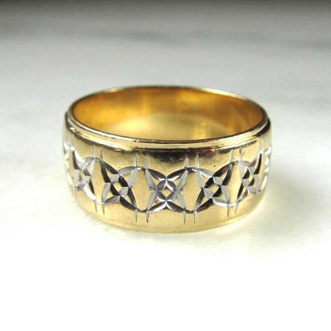 Vintage 14K Two Tone Diamond Cut Mens Wedding Band Ring Artcarved ...