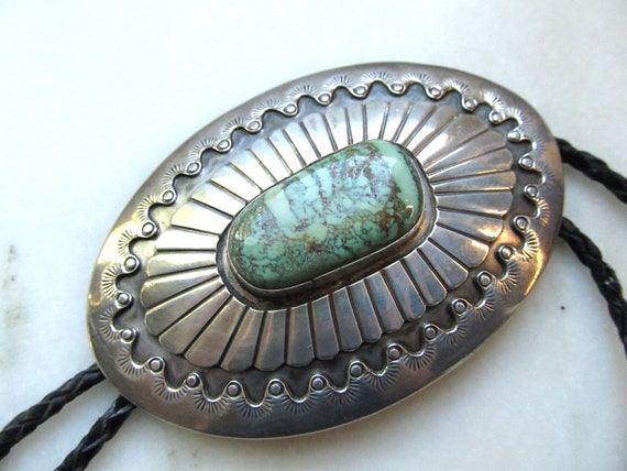 Antique A. Charlie Navajo Large Concho Bolo w/ Zuni I… - Gem