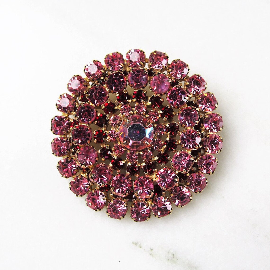 Vintage Pink & Red Glass Large Round Rhinestone Brooch ETC2877 - Etsy