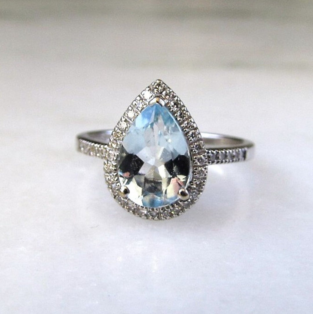 14K White Gold Pear Aquamarine & Diamond Gemstone 2.07tcw Ring Sz 7 ...