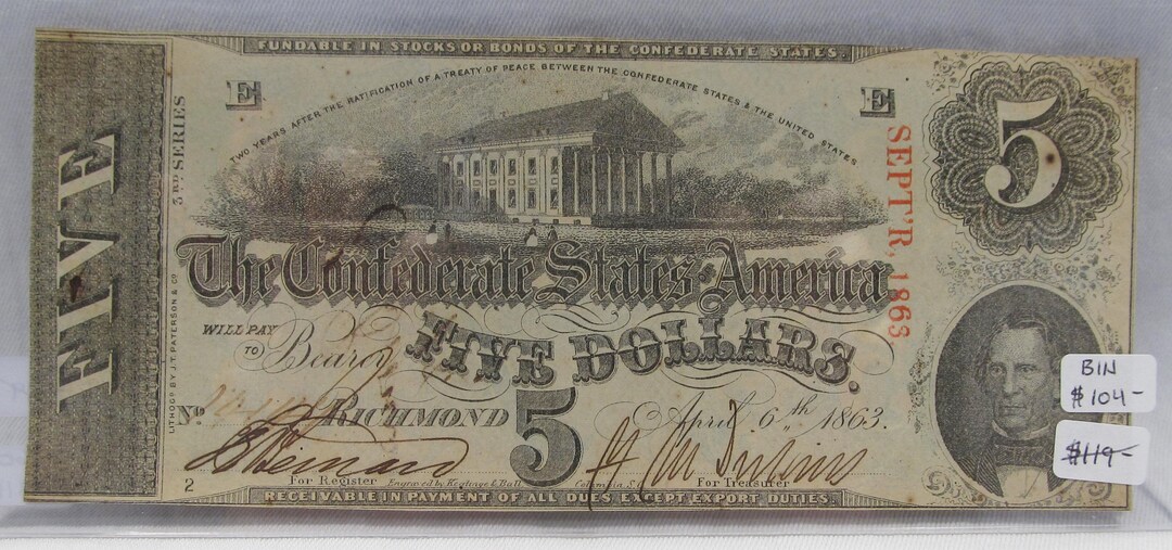 1863 T-60 5 Dollar Confederate Virginia Capital Civil War Bank - Etsy