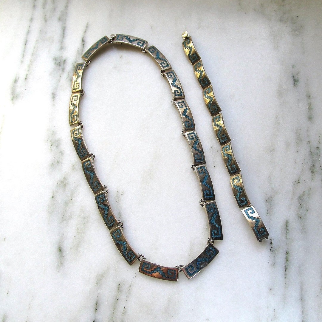 Vintage Taxco Sterling Silver Turquoise Chip Inlay Link Bracelet & Necklace Set ETC7110 - Etsy