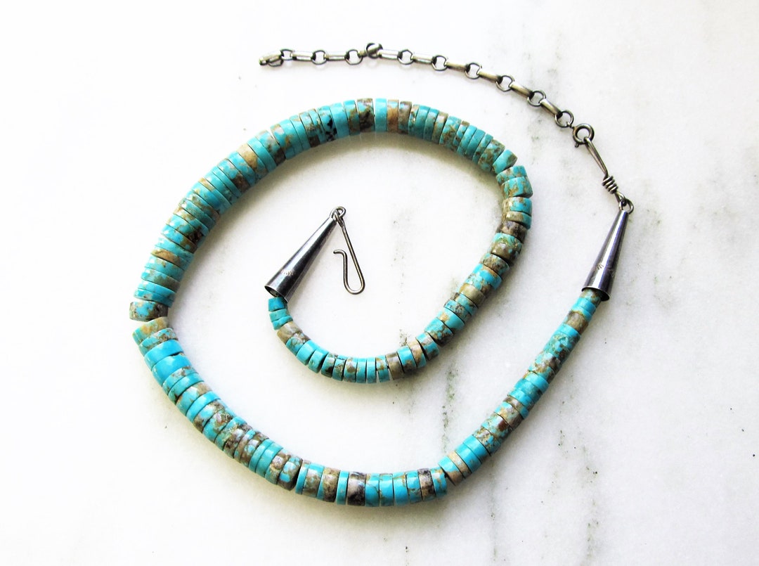 Estate Navajo Turquoise Disk Beaded Necklace Sterling Silver Handmade ...