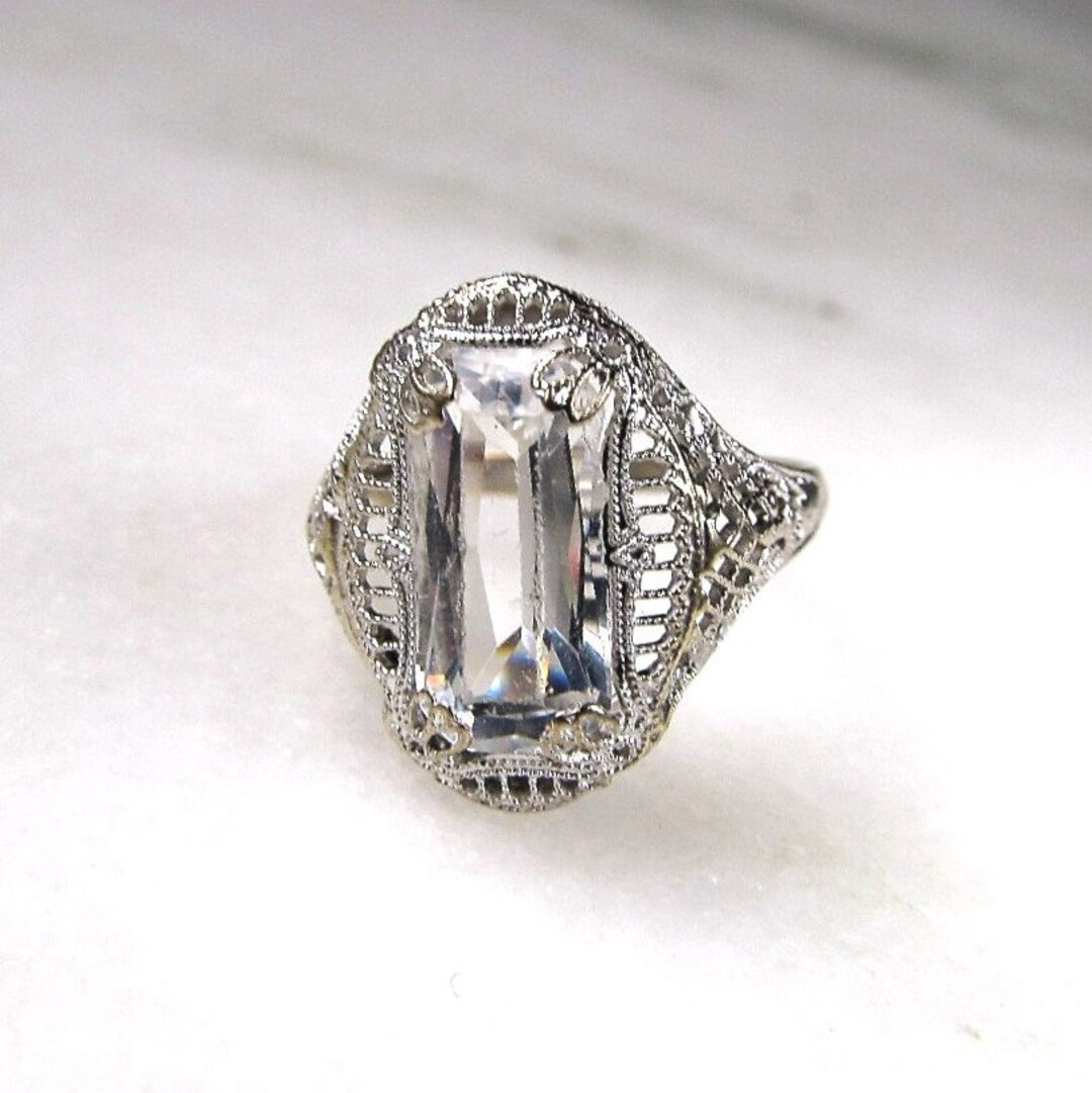 Vintage 10K White Gold Filigree Glass Stone Ring Sz 6 1/2 ETC7596 - Etsy