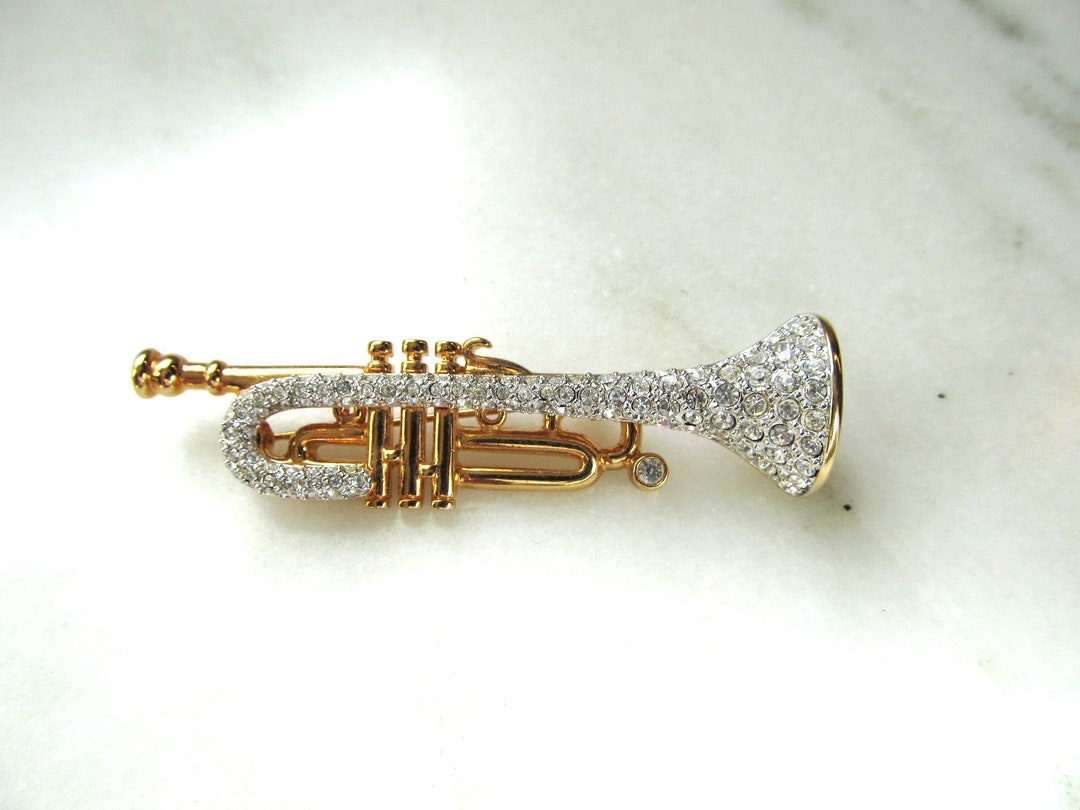 Vintage Swarovski Crystal Gold Trumpet Horn Brooch Pin ETC8673 - Etsy