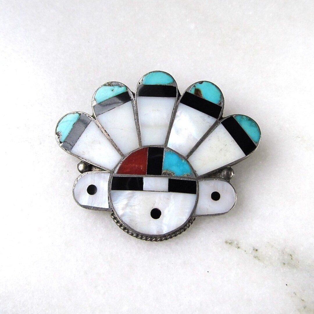 Vintage Zuni Sun Face Multi Stone Inlay Sterling Silver Handmade Brooch ...