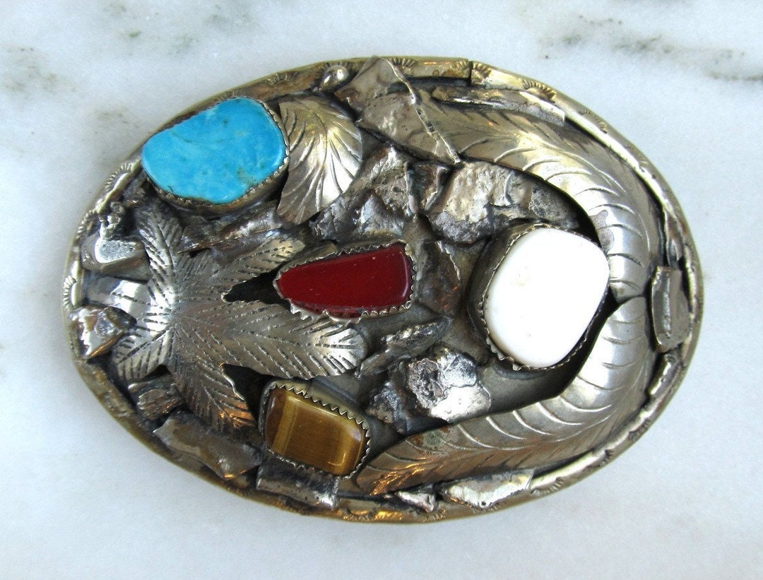 Antique Native American Multi Stone Sterling Silver Belt Buckle ETC8354 ...