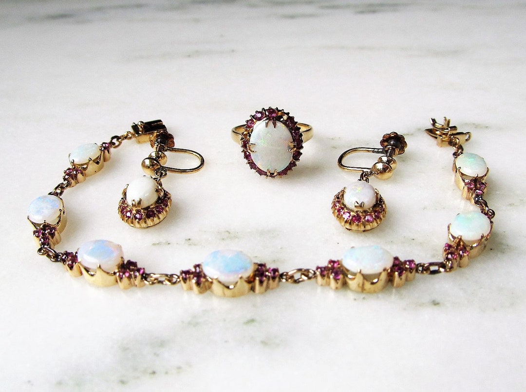 Antique 14K Opal & Garnet Jewelry Parure Set Ring Bracelet Earrings ...