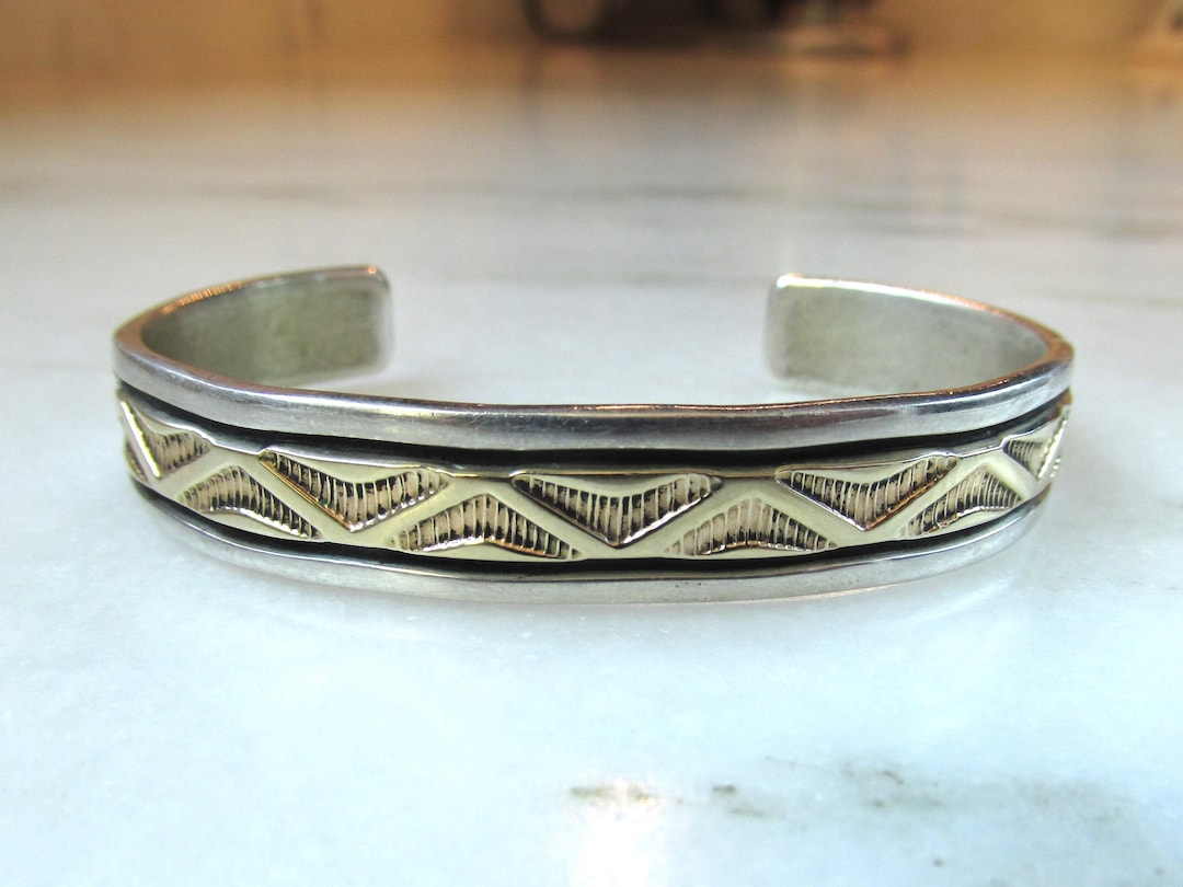 Vintage Navajo B. Morgan Sterling Silver 14K Gold Cuff Bracelet ETC9736 ...