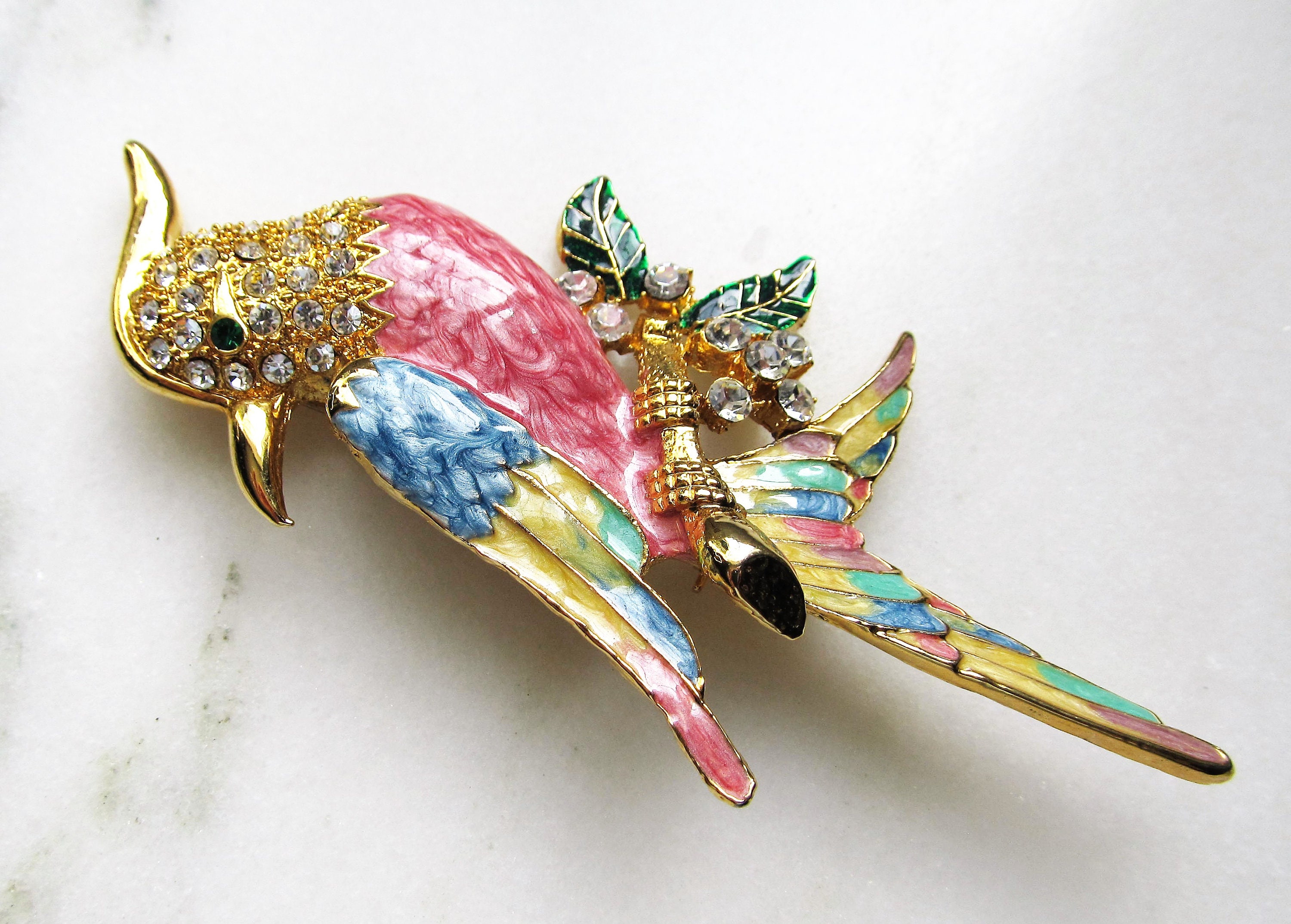 Estate Colorful Enamel & Rhinestone Tropical Bird Brooch HUGE - Etsy