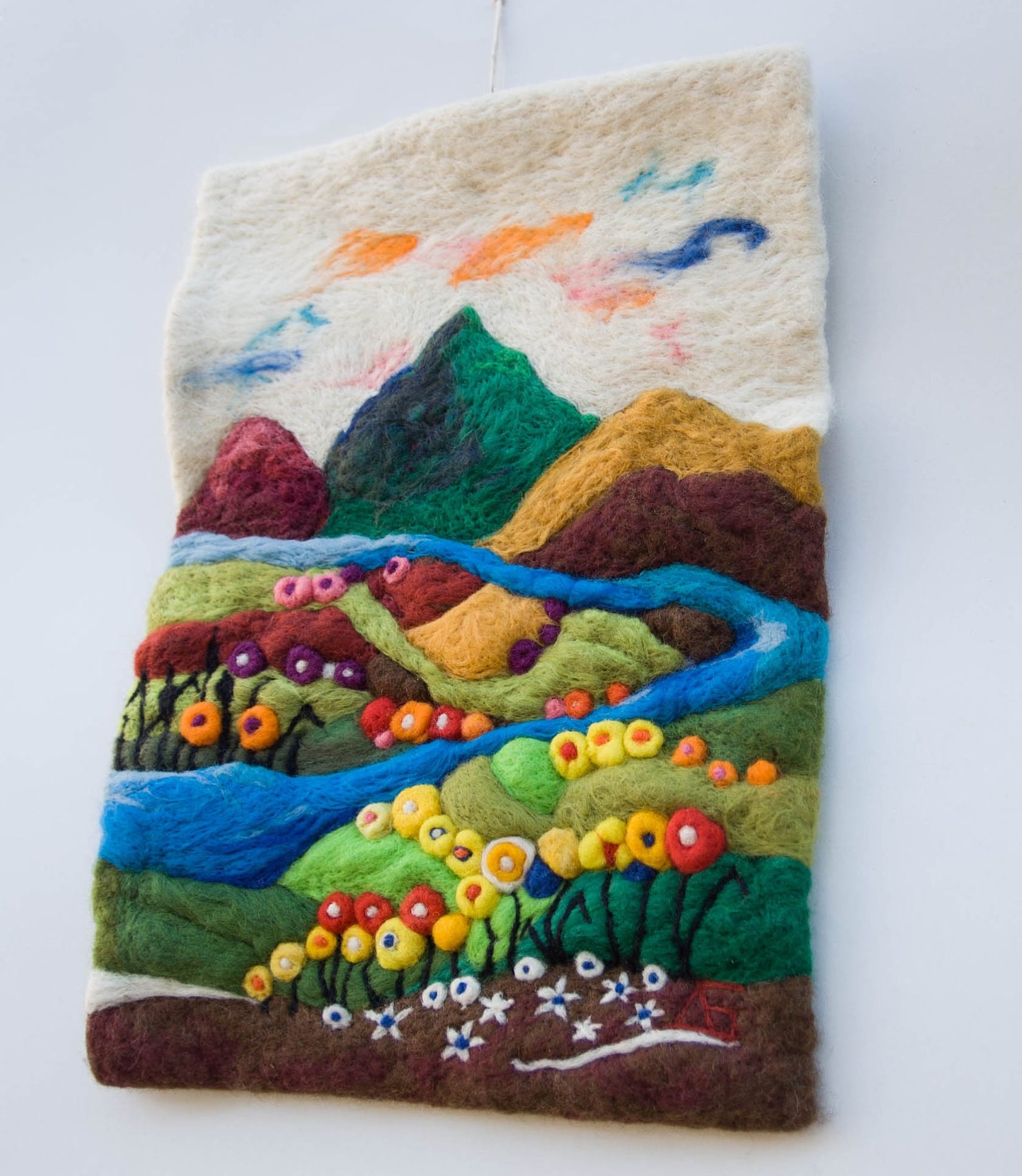 Felt Tapestry, Felt Mountain View Tapestry, Felted Wall Hanging ...
