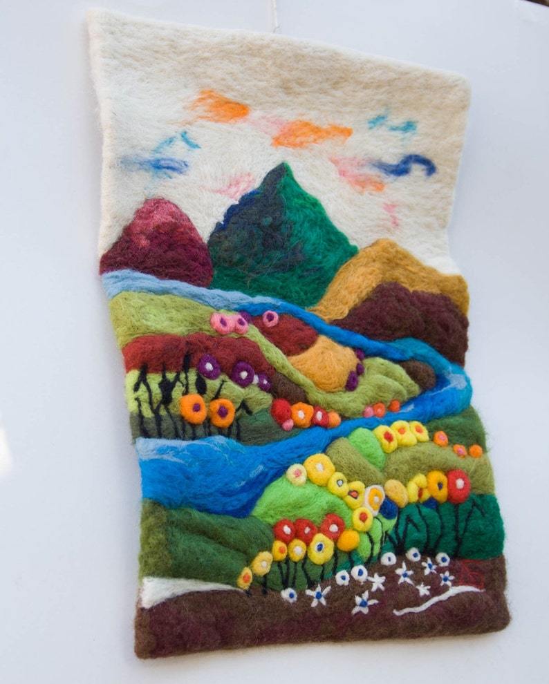 Felt Tapestry, Felt Mountain View Tapestry, Felted Wall Hanging ...