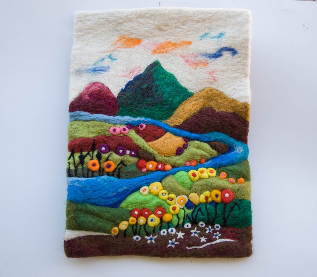 Felt Tapestry, Felt Mountain View Tapestry, Felted Wall Hanging ...