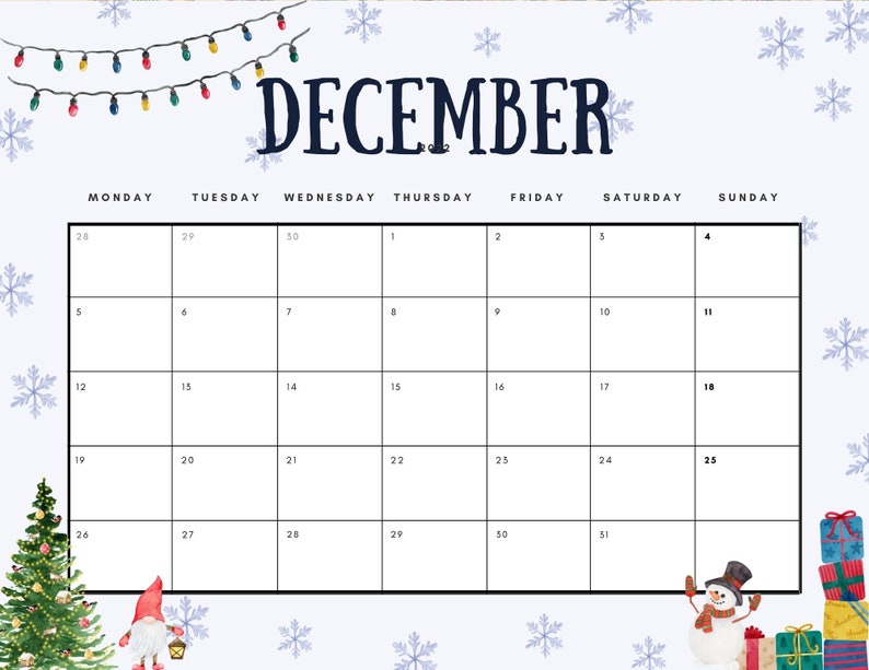 EDITABLE December 2022 Calendar Christmas Calendar Holiday - Etsy