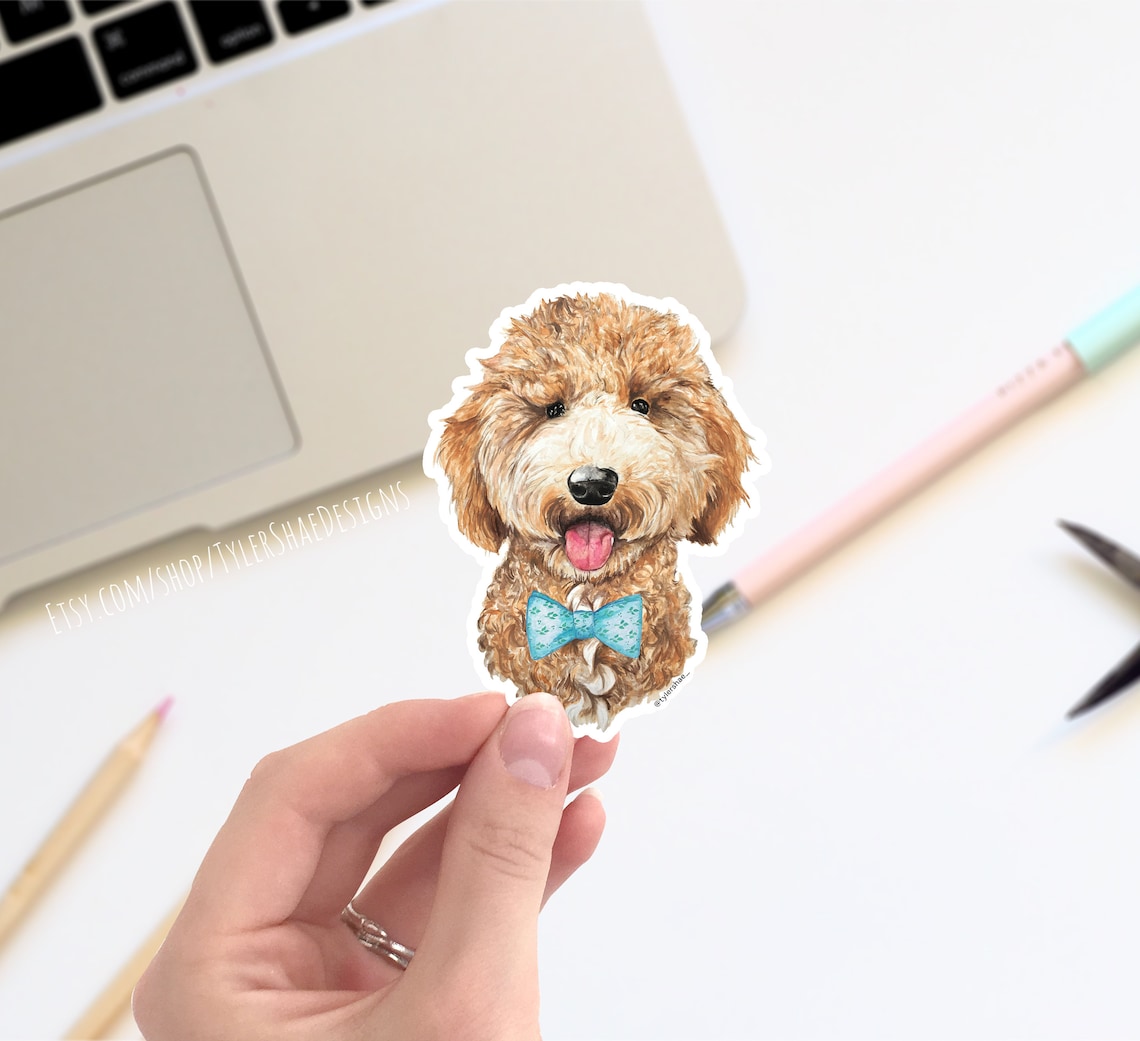Golden Doodle With Bow Tie Vinyl Sticker, Doodle Stickers, Laptop ...