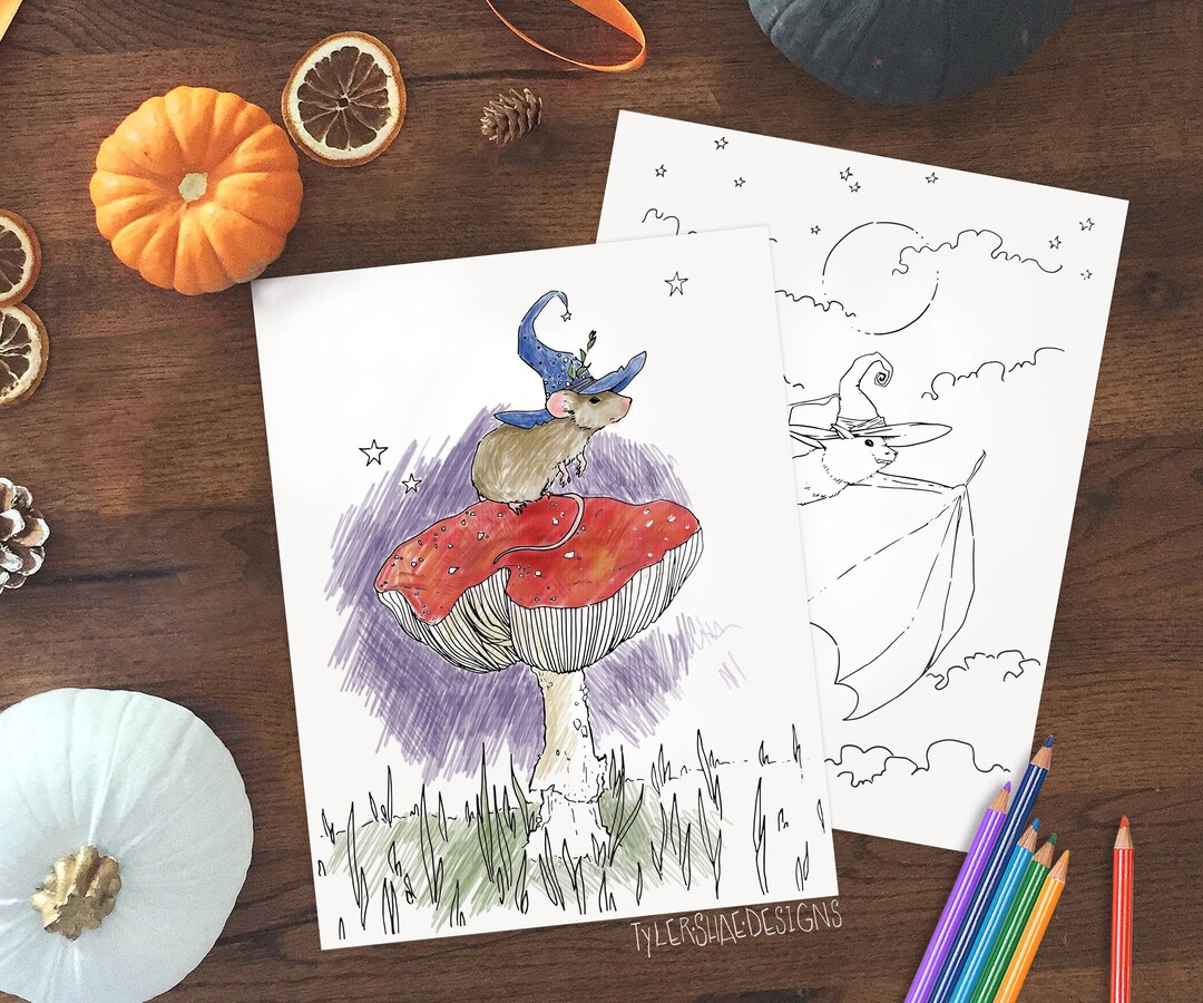 4 Halloween Coloring Pages. PRINTABLE Witch Cat, Bat & Mouse Colouring ...