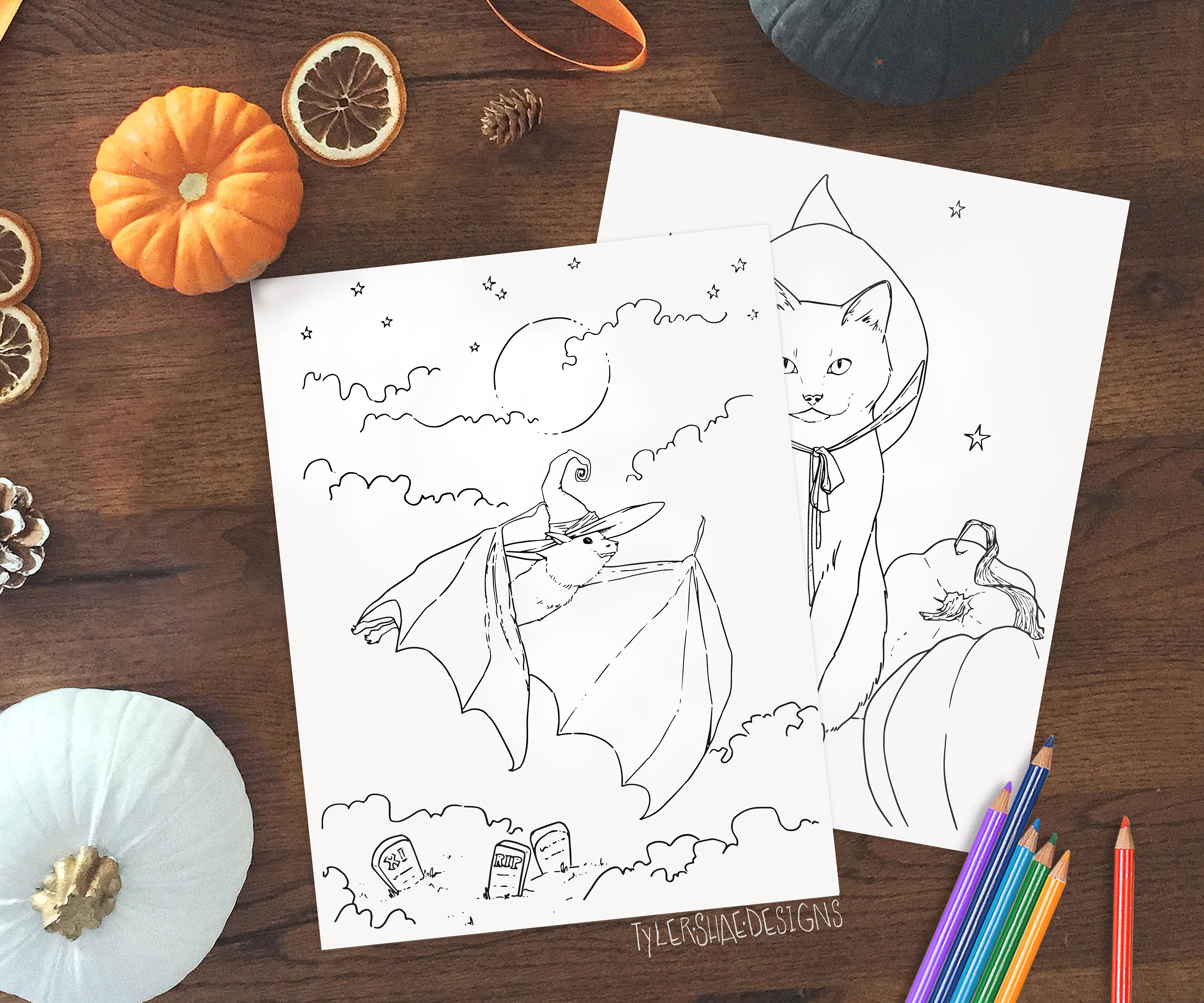 4 Halloween Coloring Pages. PRINTABLE Witch Cat, Bat & Mouse Colouring ...